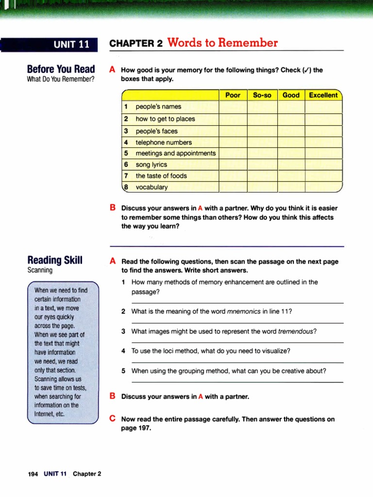 Scanning Text | PDF | Vocabulary | Mnemonic