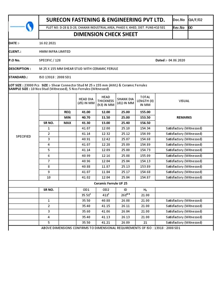 Surecon Fastening & Engineering PVT Ltd. Dimension Check Sheet | PDF