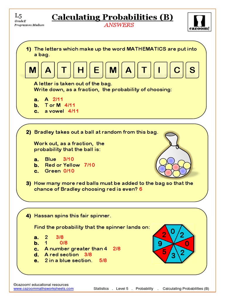 Statistics. Level 5. Probability. Calculating Probabilities (B) - ANSWERS | PDF | Odds | Probability