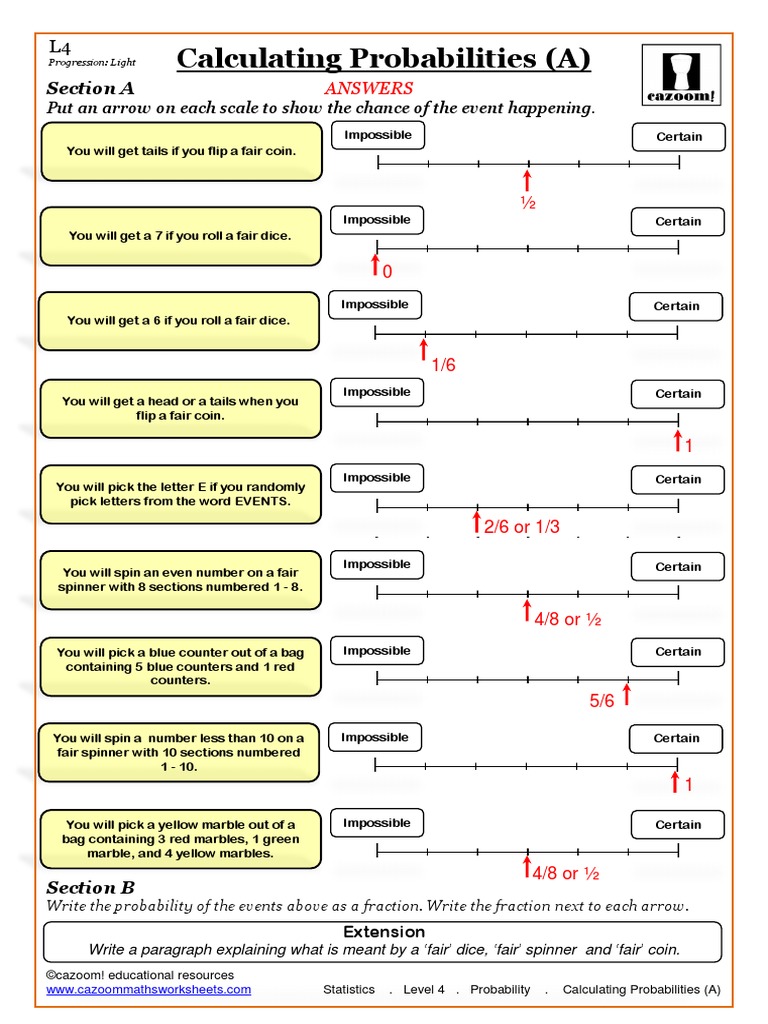 Statistics. Level 4. Probability. Calculating Probabilities (A) - ANSWERS | PDF | Odds | Probability