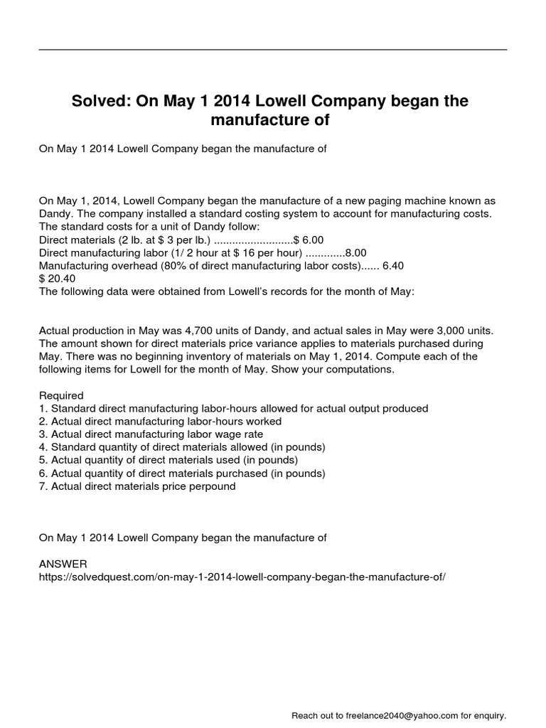 Lowell Company Dandy Cost Analysis | PDF | Business Economics | Prices
