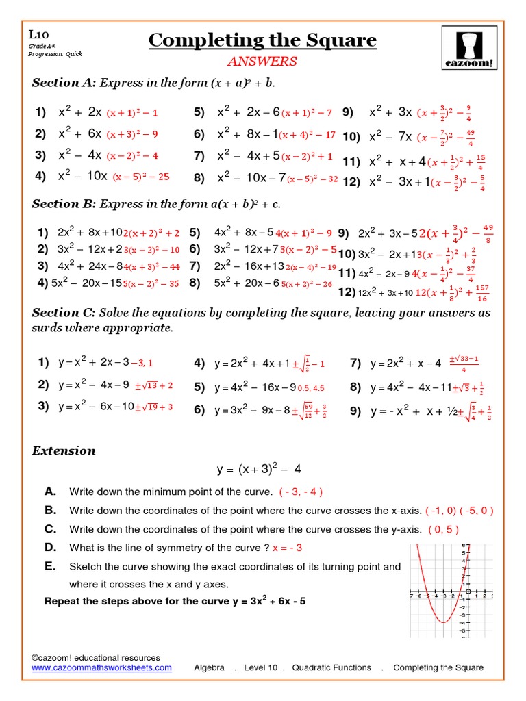 Algebra. Level 10. Quadratic Functions. Completing The Square. ANSWERS ...