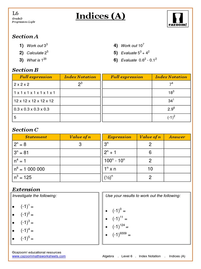 Algebra. Level 6. Index Notation. Indices (A) | PDF | Teaching Methods ...