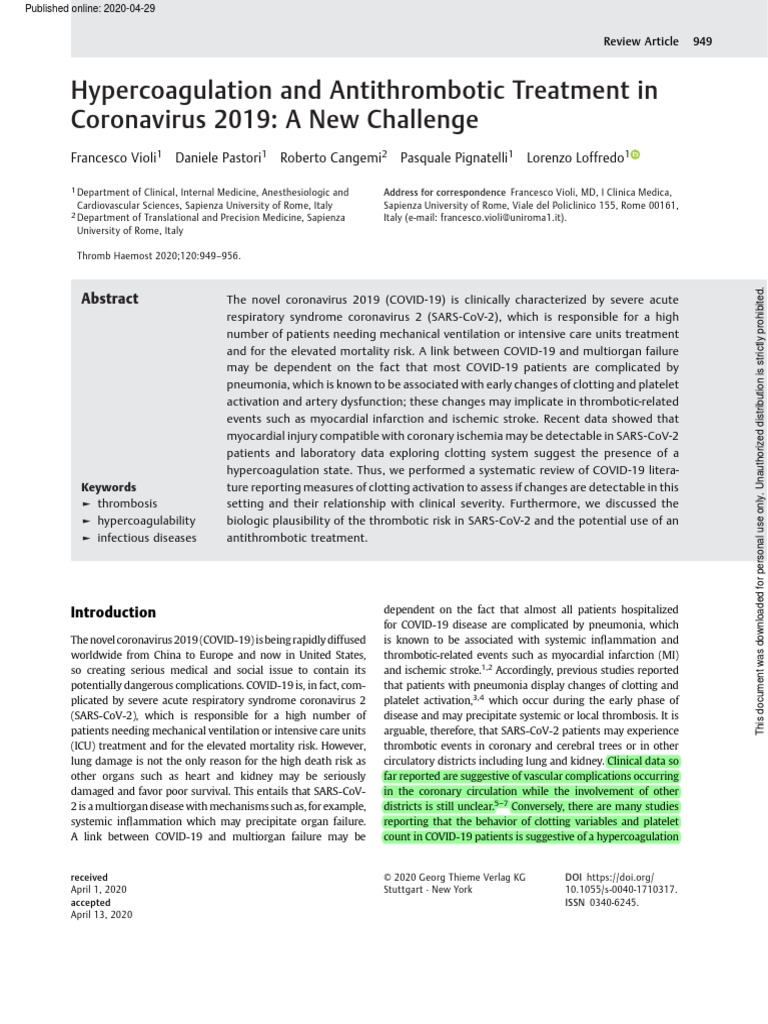 Hypercoagulation and Antithrombotic Treatment in Coronavirus 2019 - A ...