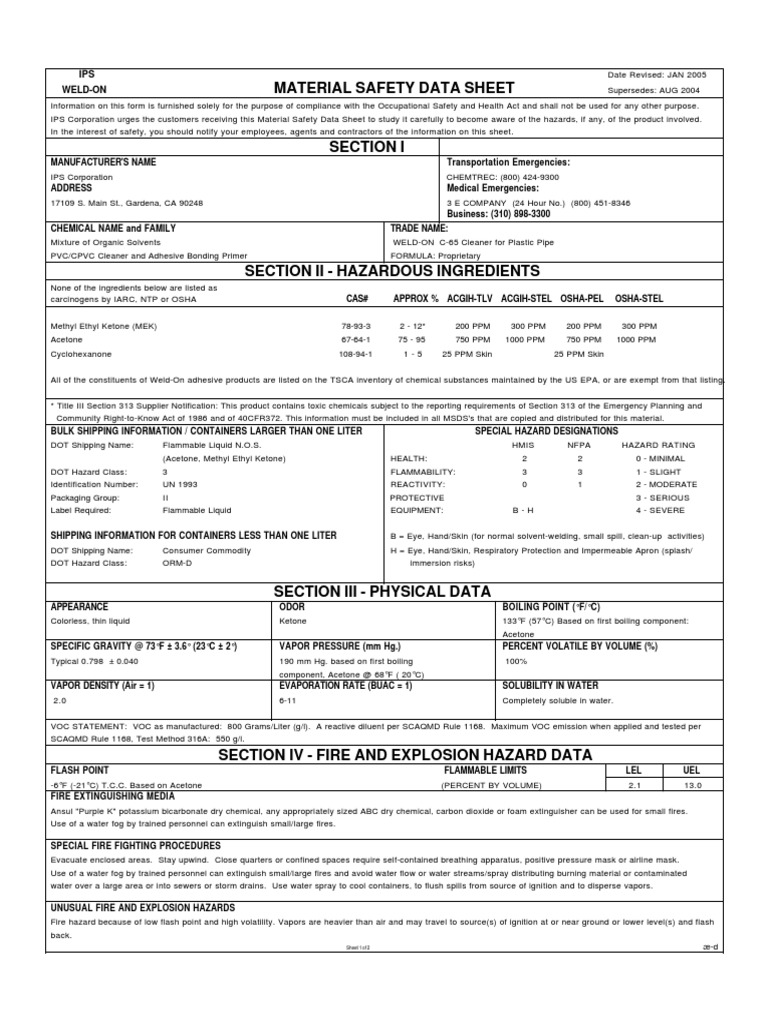 Weld-On C-65 Cleaner Safety Data | PDF | Water | Occupational Safety ...