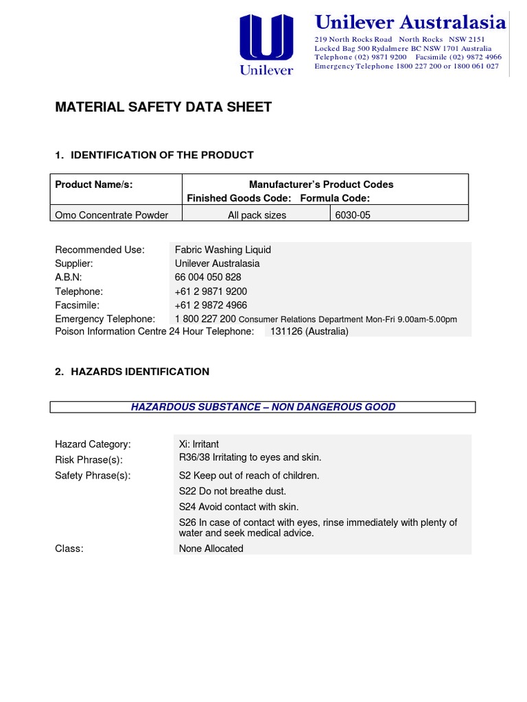 MSDS - Omo Powder Detergent | PDF | Toxicity | Personal Protective ...