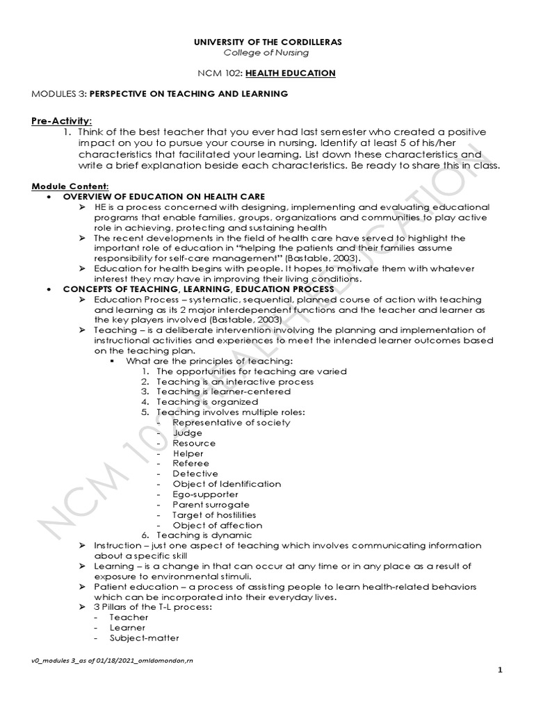NCM 102 M3 Student | PDF | Nursing | Learning