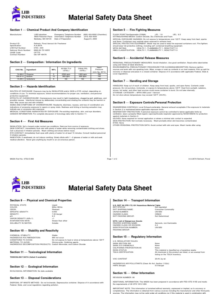 MSDS - LHB Floral Aerosol Air Freshener | PDF | Dangerous Goods | Hypothermia