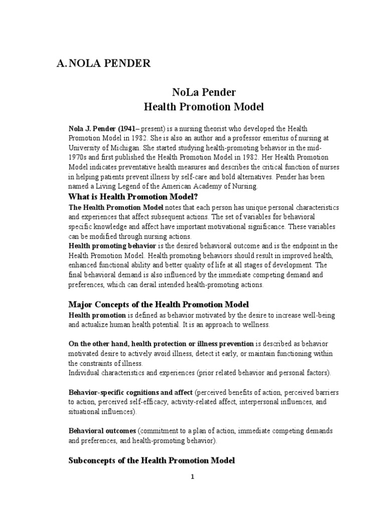 A.Nola Pender Nola Pender Health Promotion Model | PDF | Self Efficacy ...