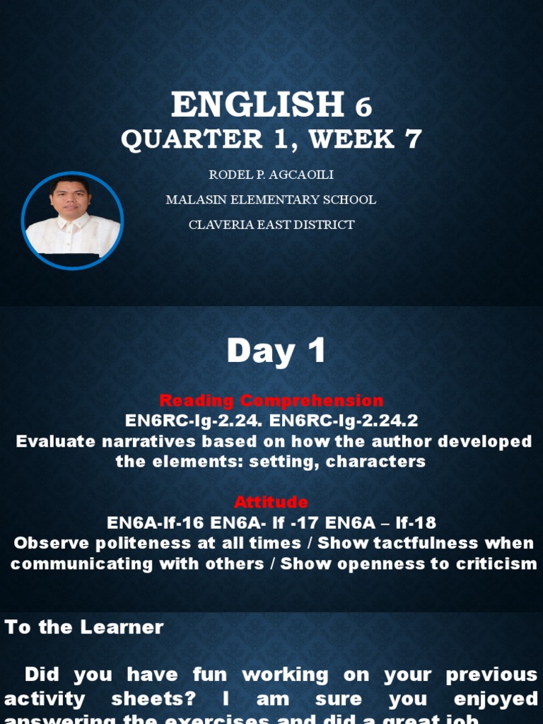 English 6, Quarter 1, Week 7, Day 1 | PDF