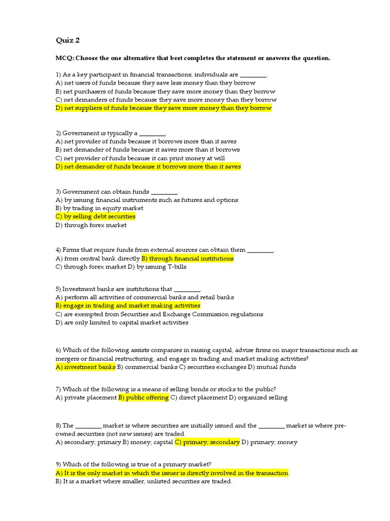 Quiz 2: MCQ: Choose The One Alternative That Best Completes The ...