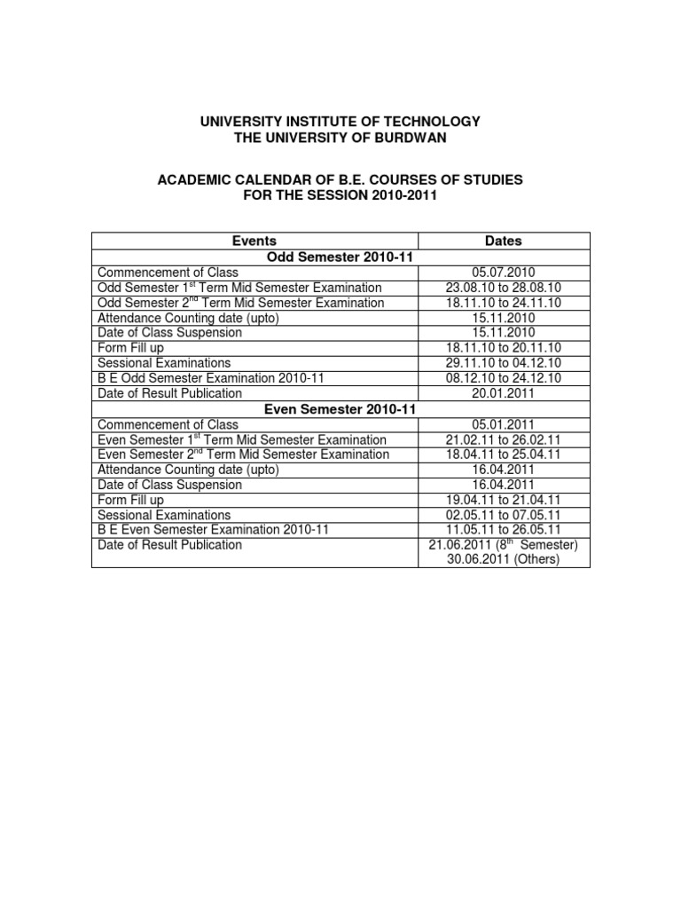 B.E. Academic Calendar 2010-11 | PDF