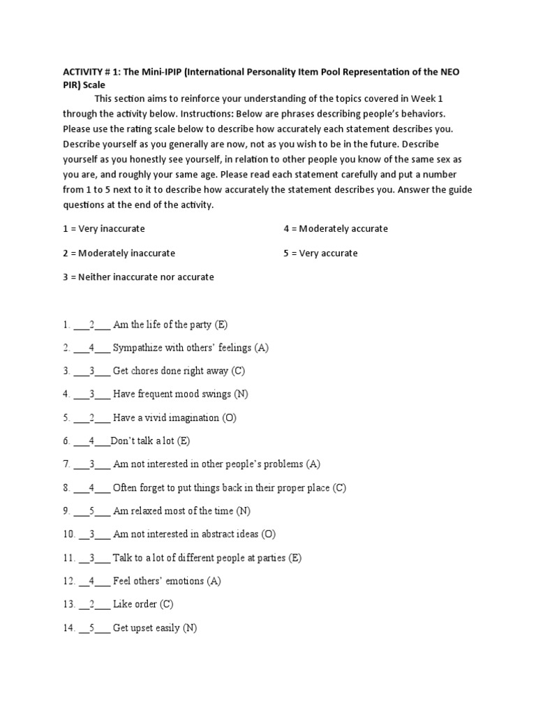 Activity 1 The Mini-Ipip | PDF | Extraversion And Introversion | Human Nature