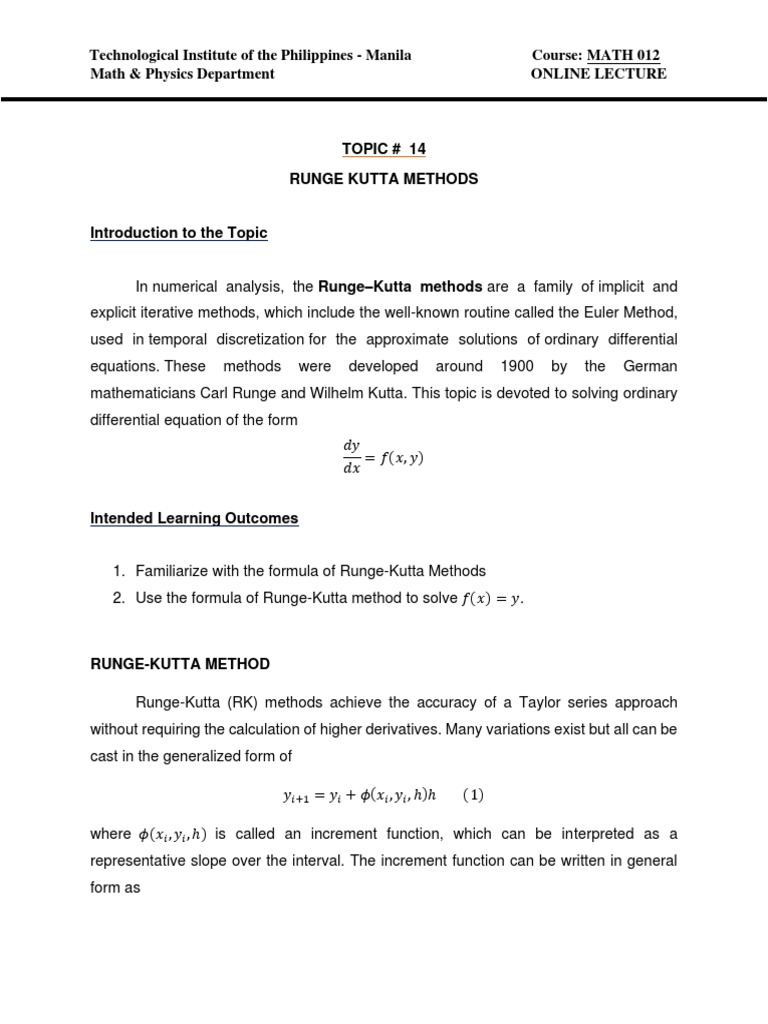 Topic 14. Runge-Kutta Methods | PDF | Numerical Analysis | Subtraction