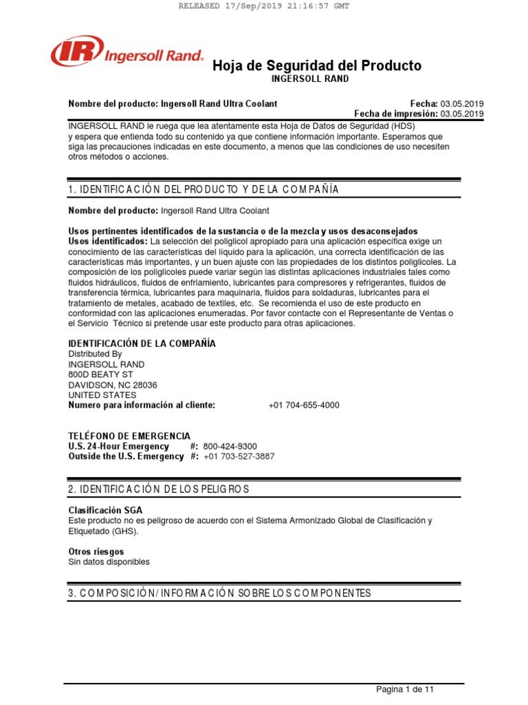 FDS Ingersoll Rand Ultra Coolant | PDF | Toxicidad | Reacciones químicas