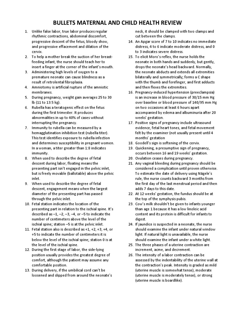 Maternal and Child Health Review Key Note Bullets | PDF | Childbirth ...
