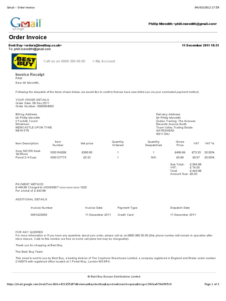 Gmail Order Invoice BG | PDF | Invoice | Receipt