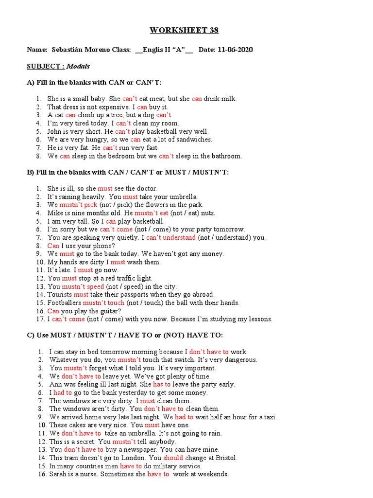 WORKSHEET 38 Modal Verbs | PDF