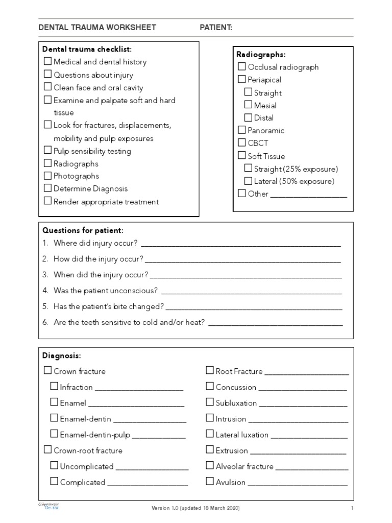 Dental Trauma Worksheet | PDF | Dentistry | Mouth