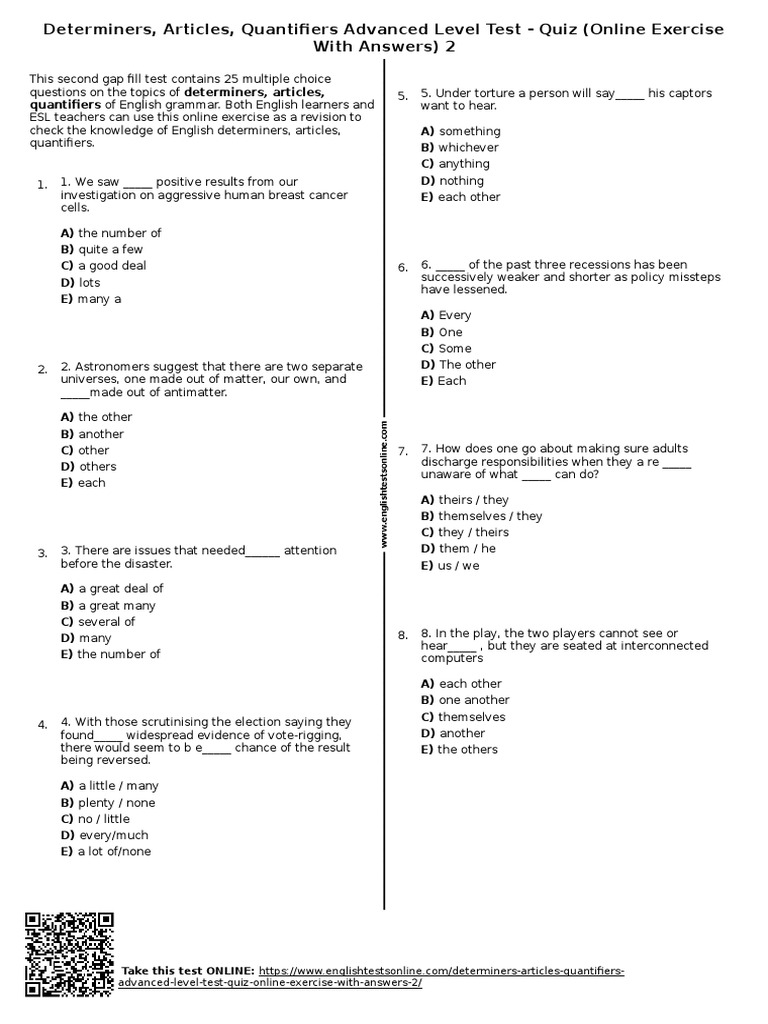 358 - Determiners Articles Quantifiers Advanced Level Test Quiz Online ...