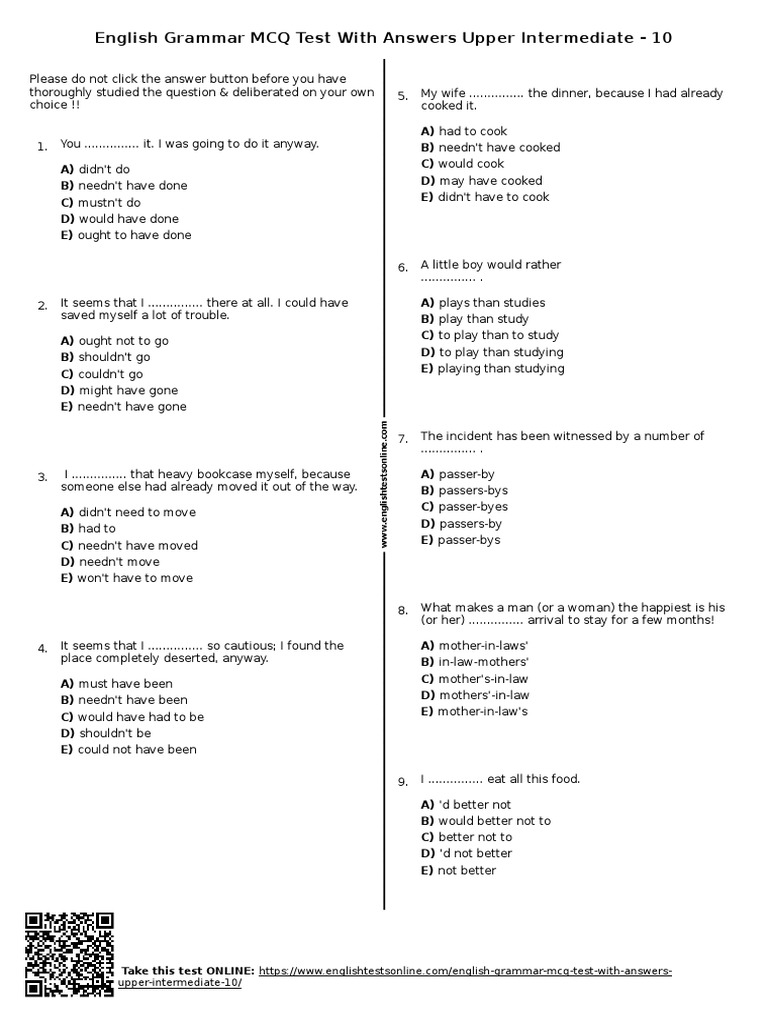 637 - English Grammar MCQ Test With Answers Upper Intermediate 10 | PDF