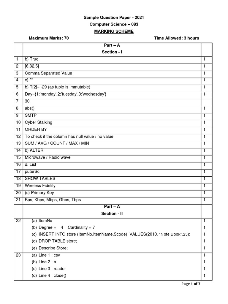 Sample Question Paper - 2021 Computer Science - 083 Marking Scheme Maximum Marks: 70 Time ...
