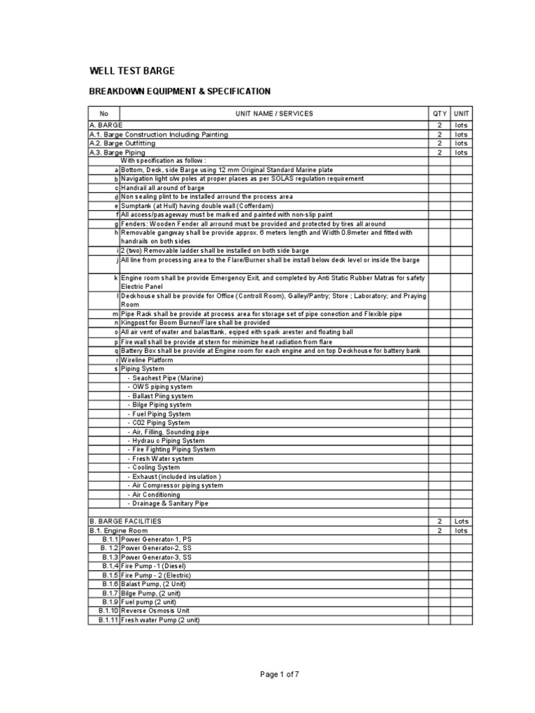 Well Test Barge Specification | PDF | Gas Technologies | Pump