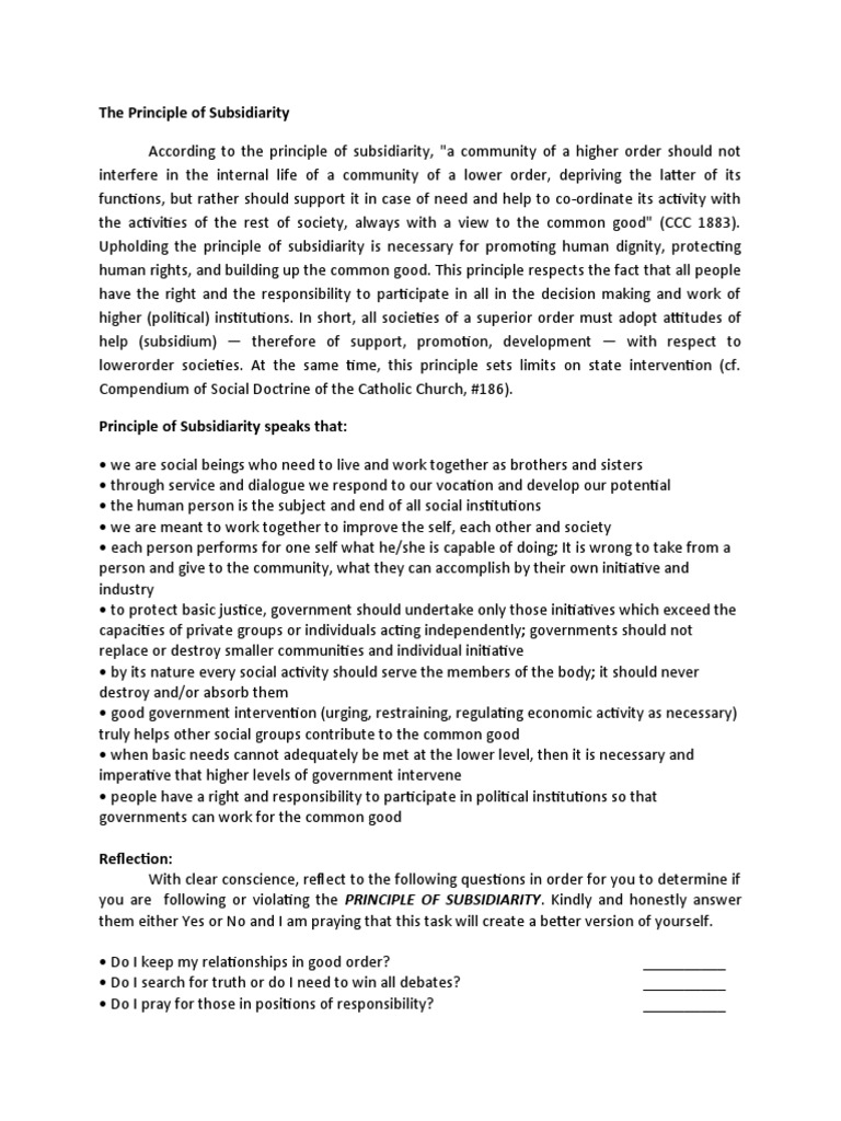 The Principle of Subsidiarity | PDF | Catholic Social Teaching ...