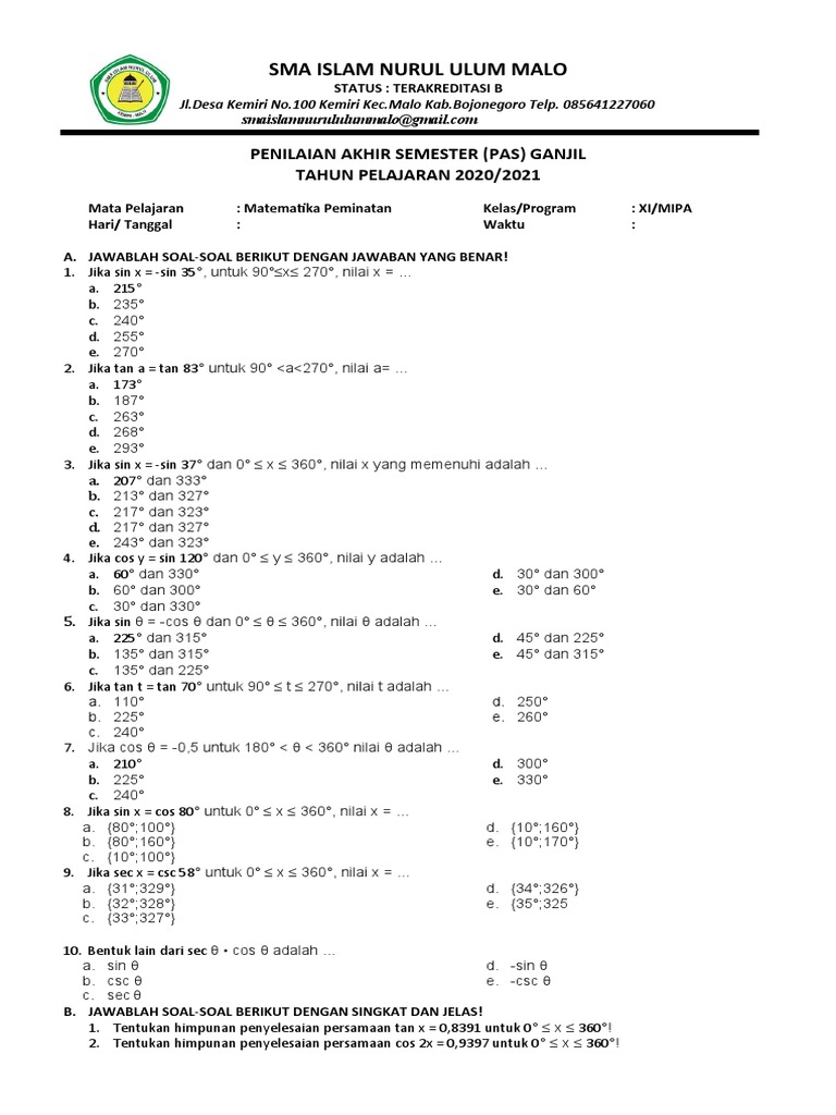 Soal PAS Matematika XI MIPA | PDF