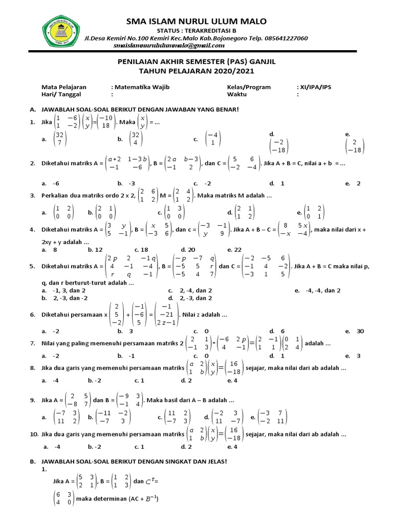 Soal Pas Matematika Wajib Kelas Xi Semester I | PDF