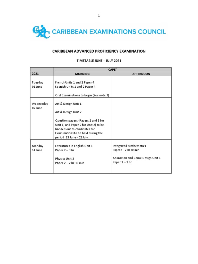Cape Exam Timetable June-July 2021 | PDF | Engineering | Test (Assessment)