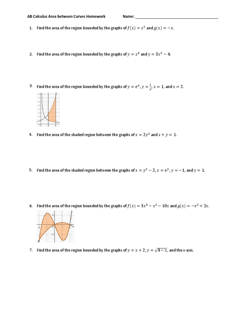 ABCALC Area Between Curves Homework | PDF