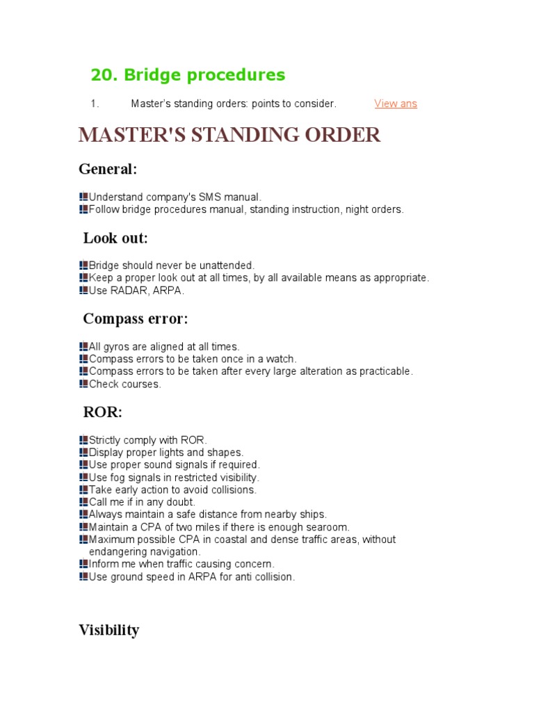 Master'S Standing Order: 20. Bridge Procedures | PDF | Radar | Tide