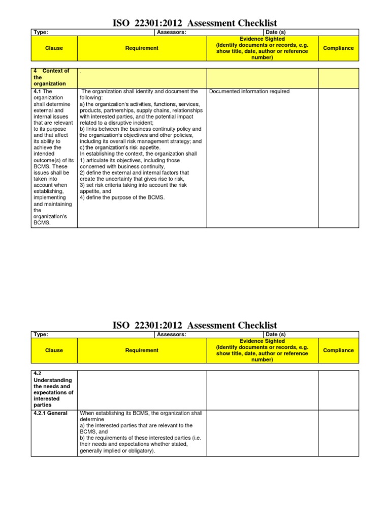 BCMS ISO 22301 Checklist Stage1 | PDF | Risk | Competence (Human Resources)