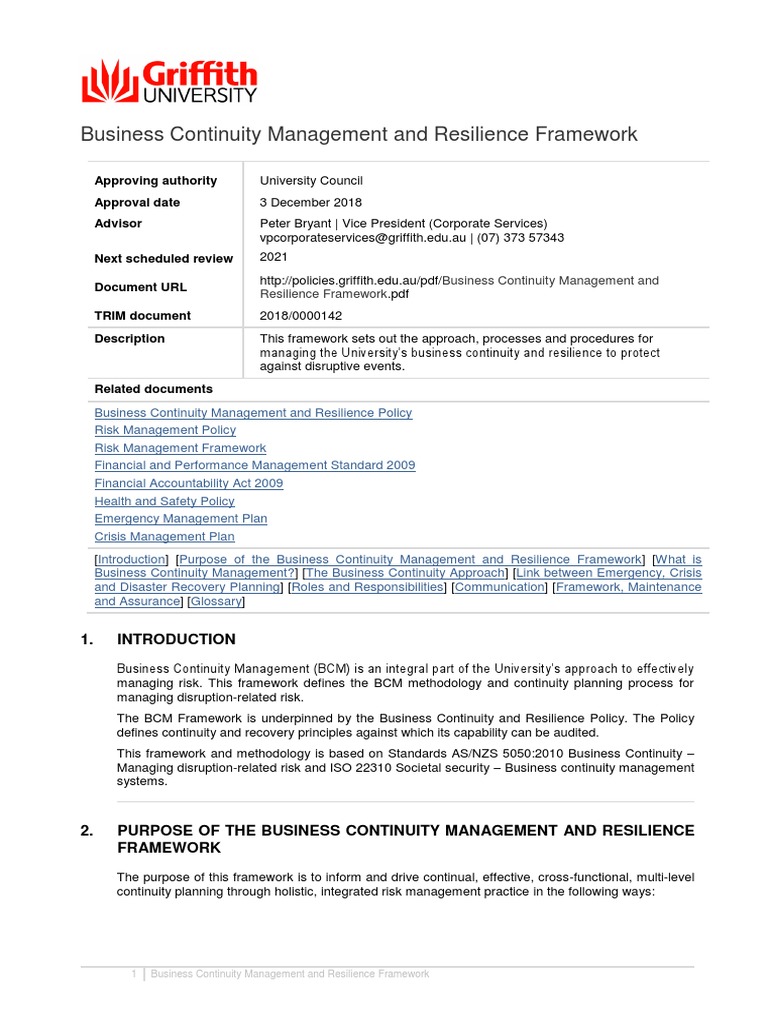 Business Continuity Management and Resilience Framework | PDF ...