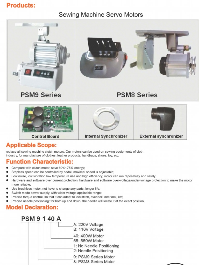 Singer Sewing Motors Specification | PDF | Electric Motor | Sewing Machine