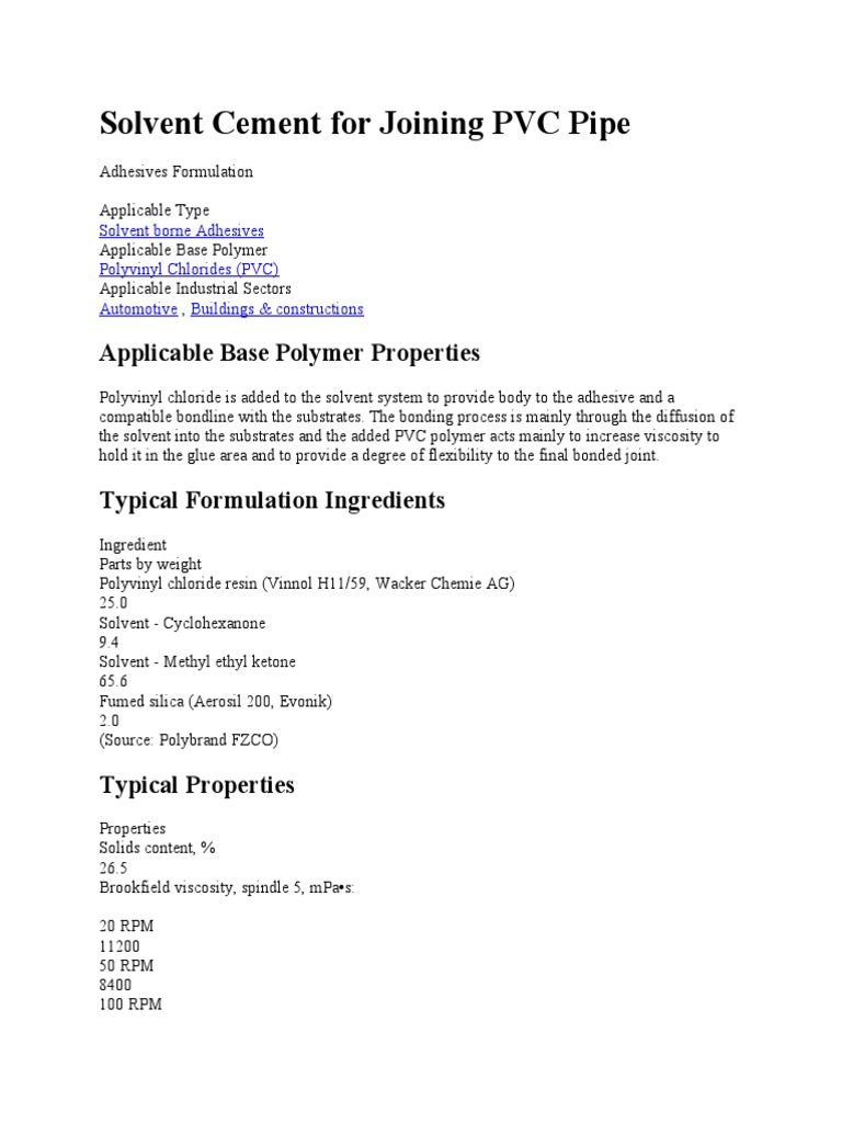 Solvent Cement For Joining PVC Pipe Formulation | PDF | Adhesive ...