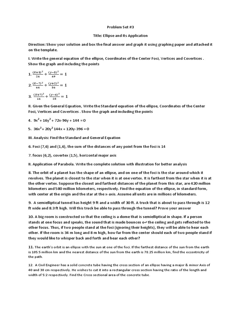Problem Set 3 in Pre Cal | PDF | Ellipse | Analytic Geometry