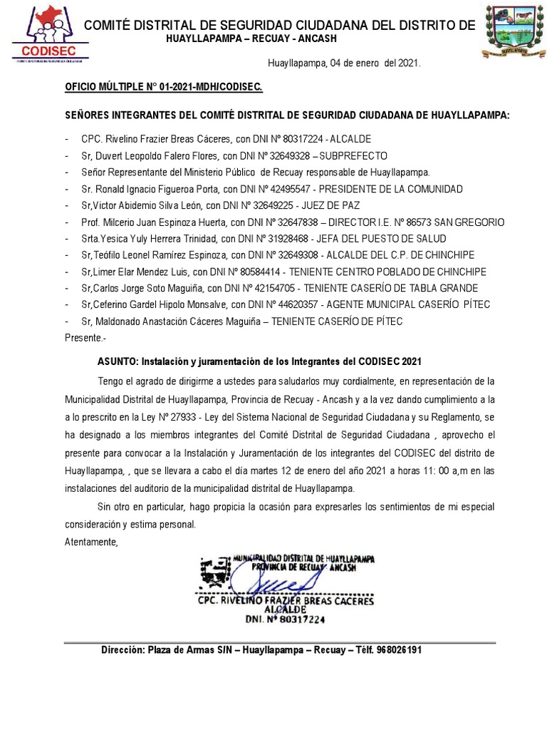 Oficio Mul 01 Instalacion y Juramentacion Del Codisec | PDF