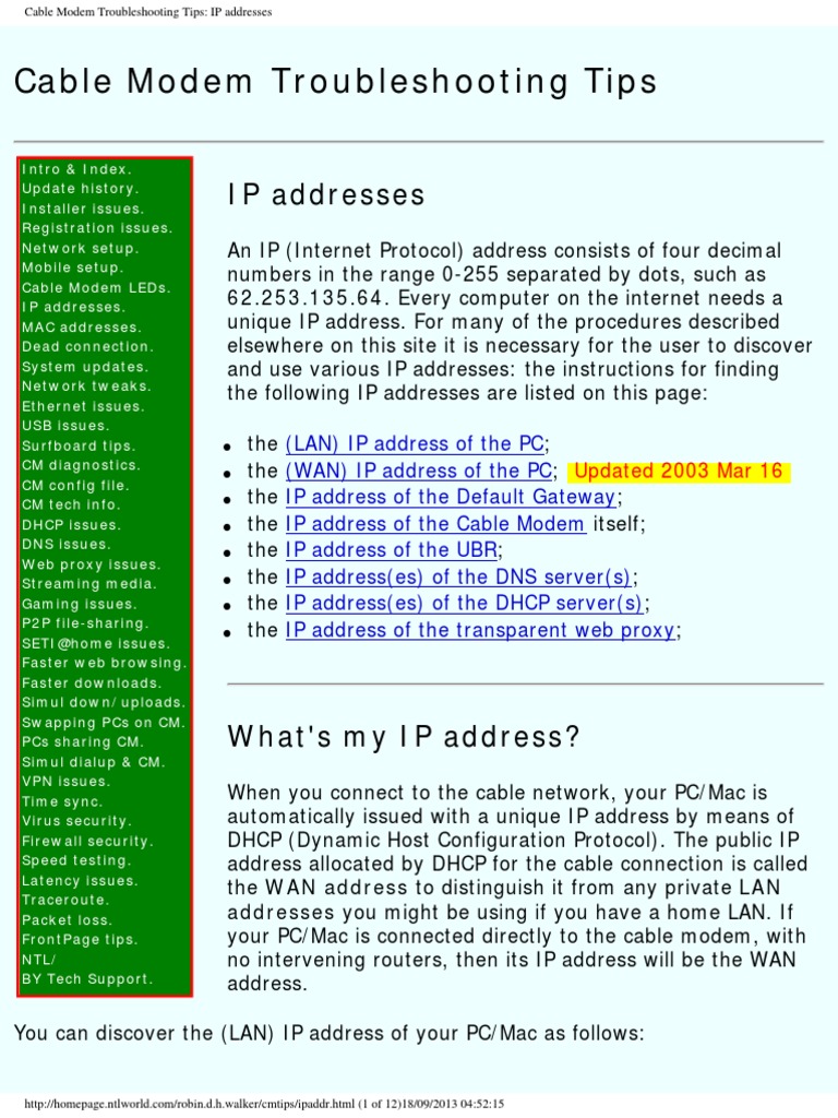 Cable Modem Troubleshooting Tips - IP Addresses | PDF | Ip Address ...