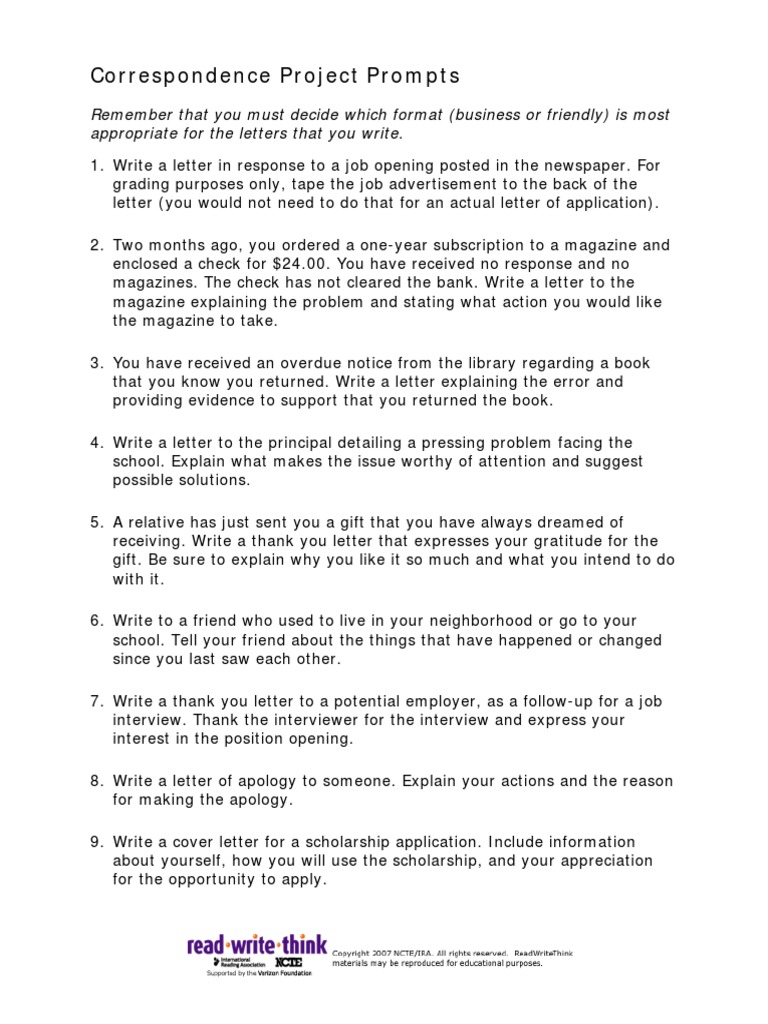 Correspondence Project Prompts | PDF