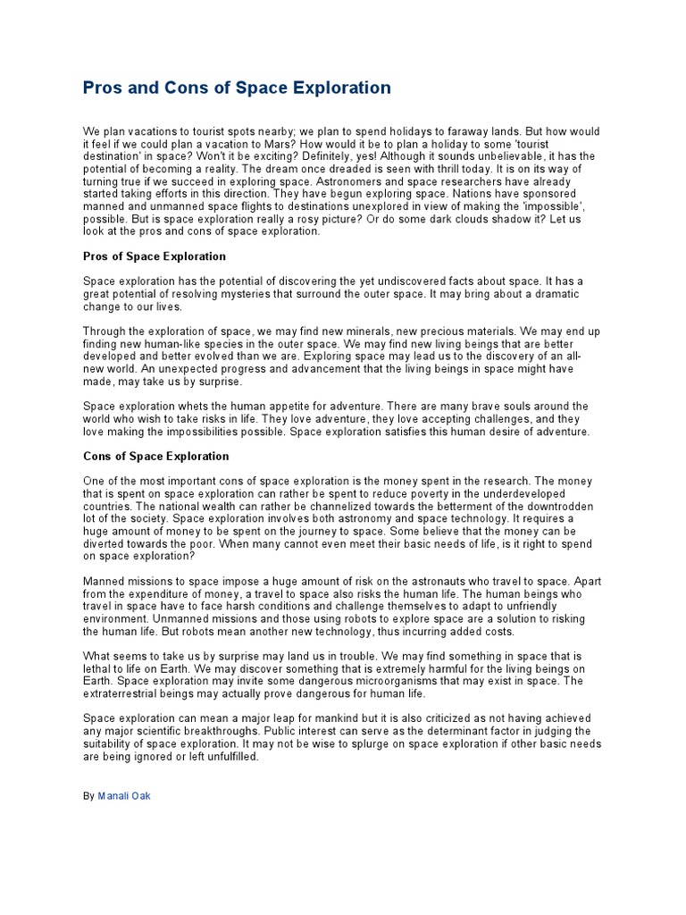 Pros and Cons of Space Exploration | PDF | Spacecraft | Satellite