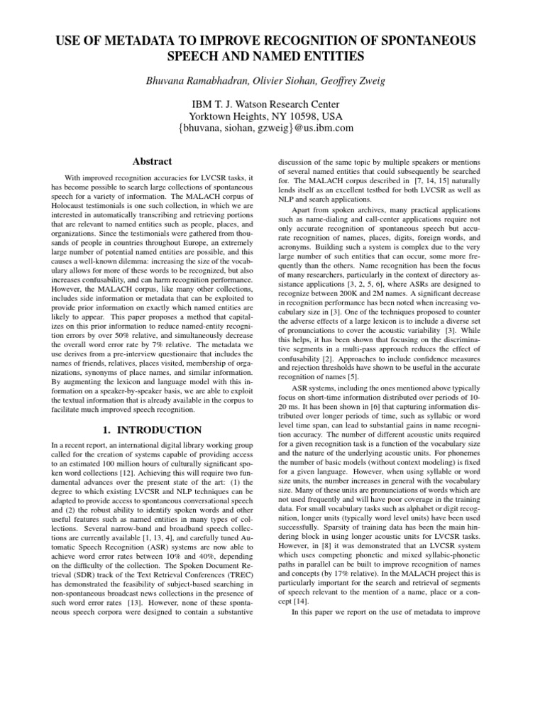 Use of Metadata To Improve Recognition of Spontaneous Speech and Named Entities | PDF | Speech ...
