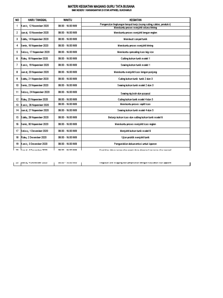 Jadwal Kegiatan Magang | PDF