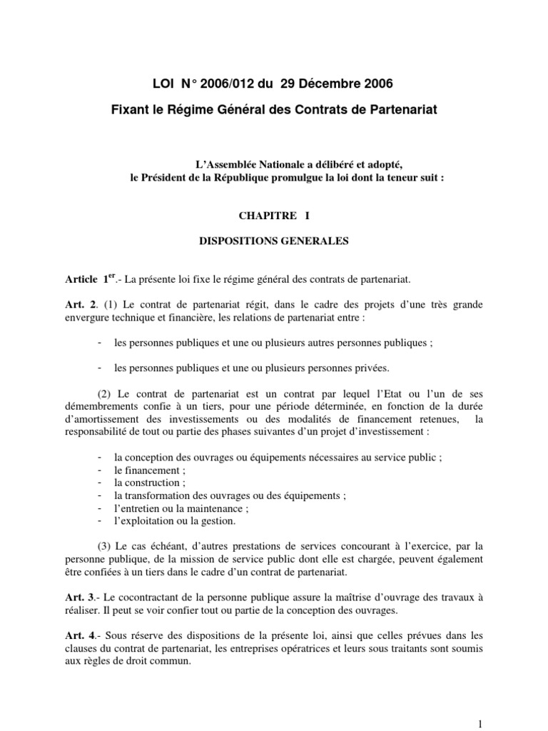 LOI 29 Decembre 2006 Contrats de partenariat cameroun | Loi | Gouvernement