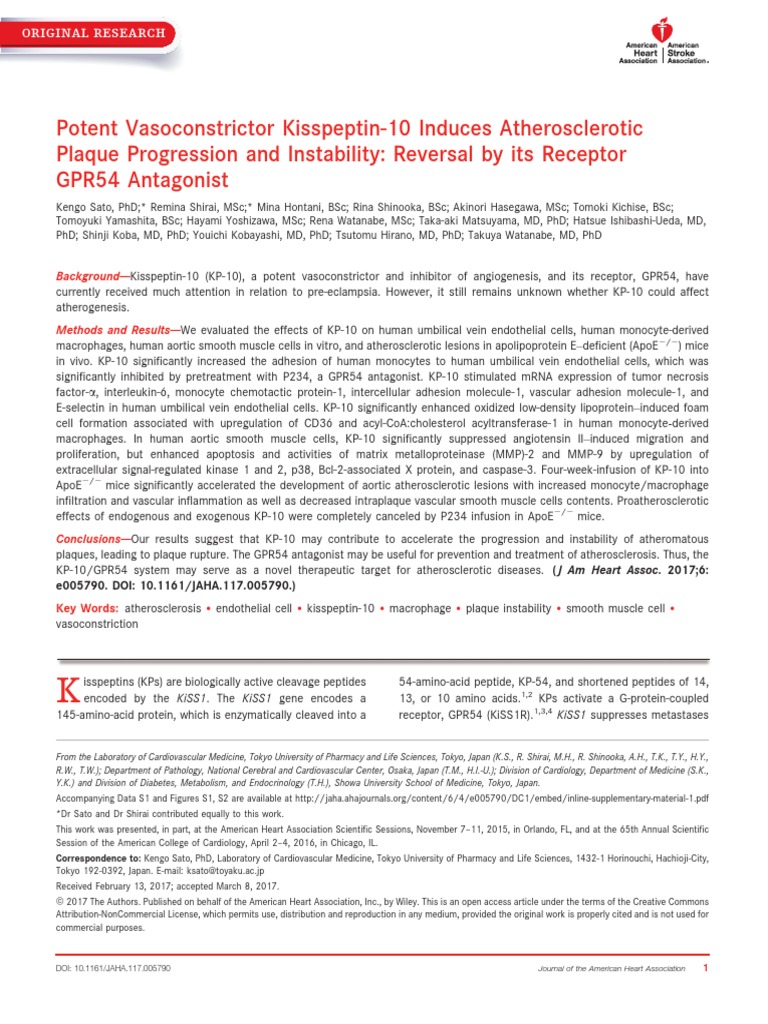 Potent Vasoconstrictor Kisspeptin-10 Induces Atherosclerotic Plaque ...