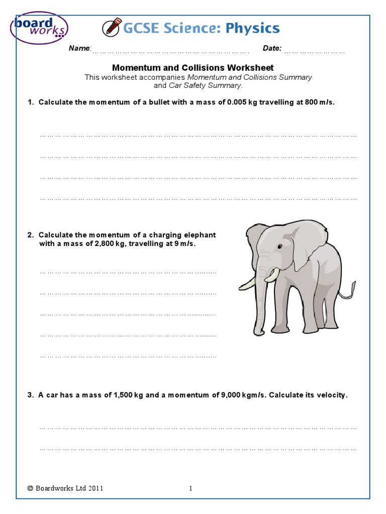 Momentum and Collisions Worksheet-1452167461 | PDF | Momentum | Quantity