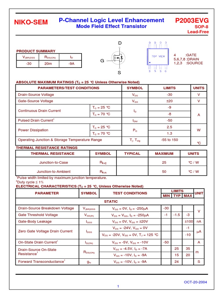 P2003EVG Niko-Sem: P-Channel Logic Level Enhancement | PDF