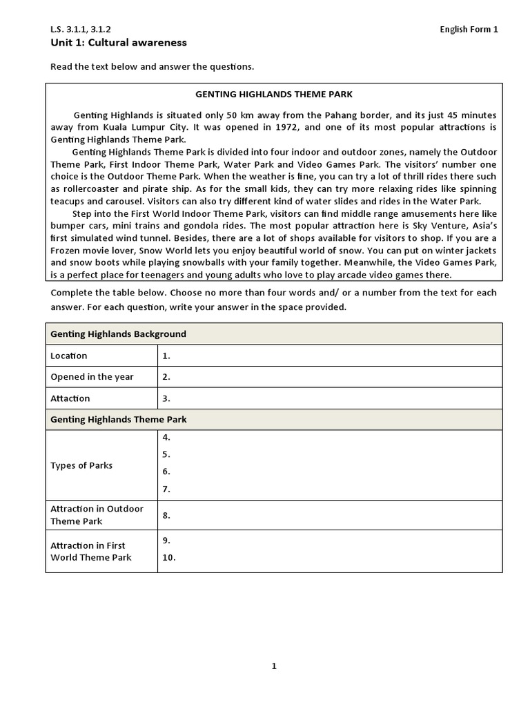 Unit 1 - Enrichment Activity & AOT | Amusement Park | Leisure