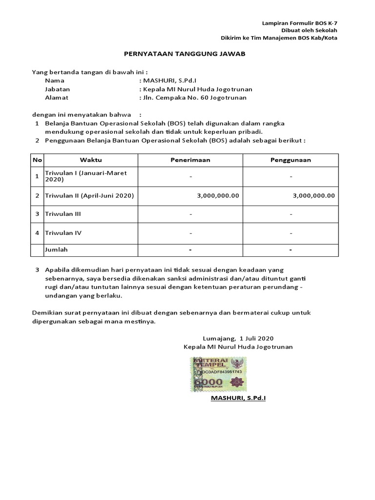 Contoh SPJ Bosda Mi 2020 April-Juni | PDF | Pengelolaan Keuangan & Uang